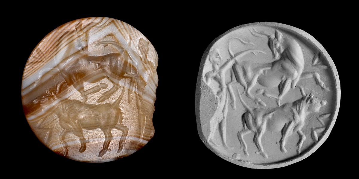 Lentoid Sealstone Depicting Bulls with a Human Figure — Institute for ...